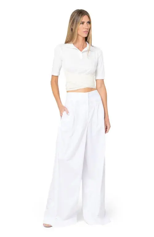 JBQ Knit Polo Top With Chiffon Tie - Bone