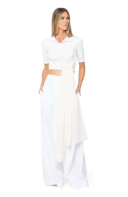 JBQ Knit Polo Top With Chiffon Tie - Bone