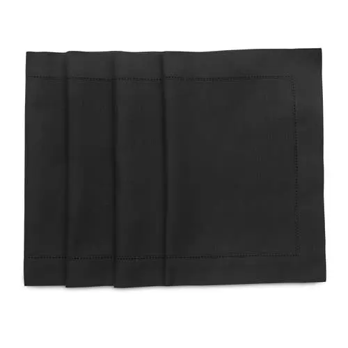 Solino Home Cotton Hemstitch Placemats Set Of 4, 14 X 19 Inch For Dining Table - Black