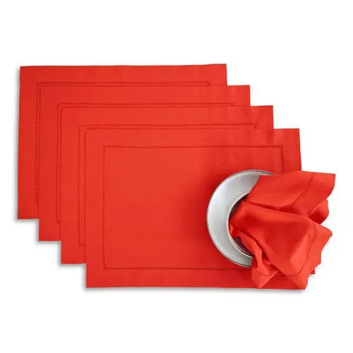 SOLINO HOME Cotton Linen Hemstitch Placemats - Poppy Red