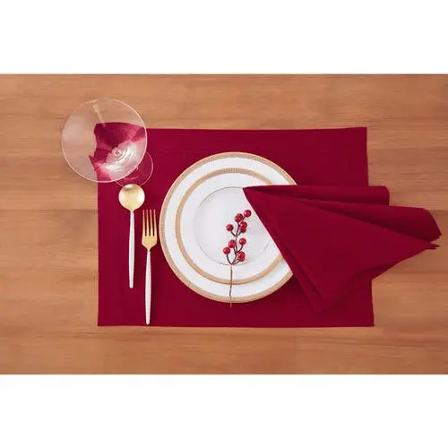 Solino Home Cotton Hemstitch Placemats Set Of 4, 14 X 19 Inch For Dining Table - Red