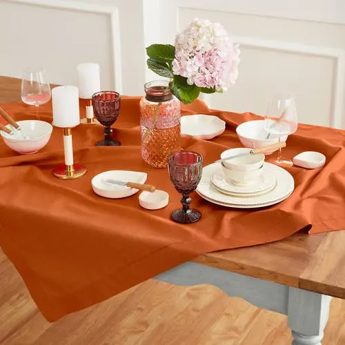 SOLINO HOME Cotton Hemstitch Table Throw 52 X 52 Inch For Dining Table - Cinnamon