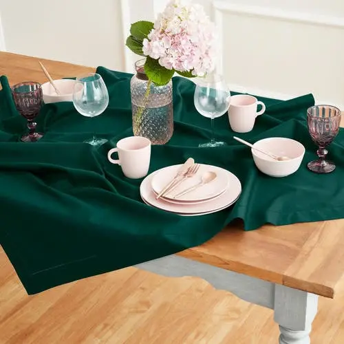 SOLINO HOME Cotton Hemstitch Table Throw 52 X 52 Inch For Dining Table - Dark Green