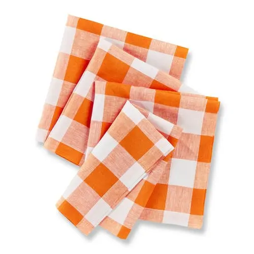 SOLINO HOME Linen Dinner Napkinsbuffalo Check - Pumpkin And White
