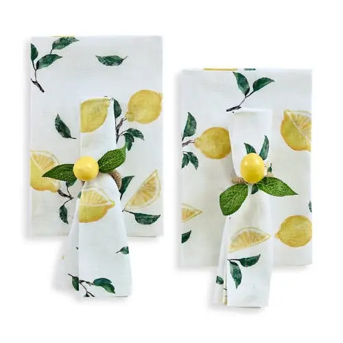 SOLINO HOME Linen Dinner Napkinsbotanical Lemon - Botanical Lemon/off White