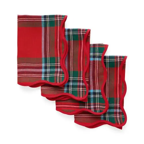 SOLINO HOME Linen Dinner Napkinsgiselle Scallop Edge - Madras Holiday Plaid