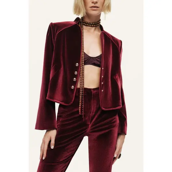 NOCTURNE Velvet Cropped Jacket - Burgundy