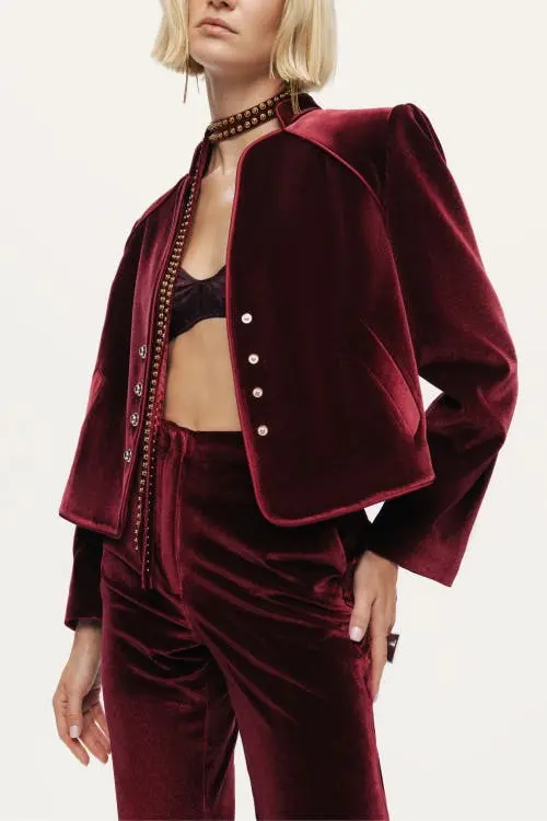 NOCTURNE Velvet Cropped Jacket - Burgundy