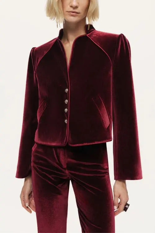 NOCTURNE Velvet Cropped Jacket - Burgundy