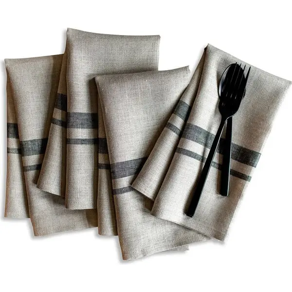 SOLINO HOME Linen Dinner Napkinsfrench Stripe - Black And Natural