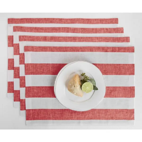 SOLINO HOME Linen Placemats Set Of 4, 14 X 19 Inch For Dining Table - Red And White
