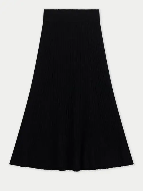 Gobi Cashmere Calf-length Ribbed Knit Skirt - Black