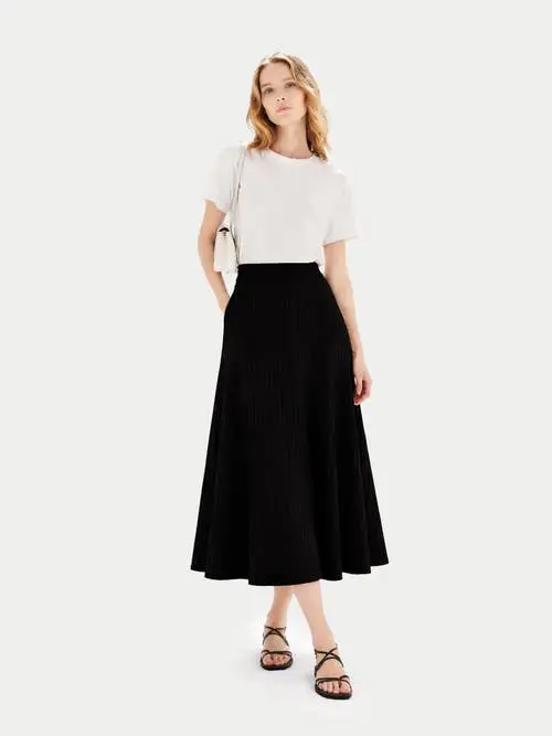 Gobi Cashmere Calf-length Ribbed Knit Skirt - Black