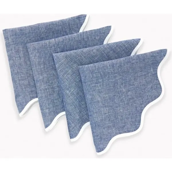 SOLINO HOME Linen Dinner Napkinsgiselle Scallop Edge - White And Chambray Indigo