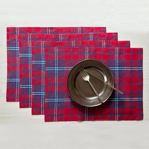 SOLINO HOME Linen Placematsred Tartan Plaid - Red And Navy