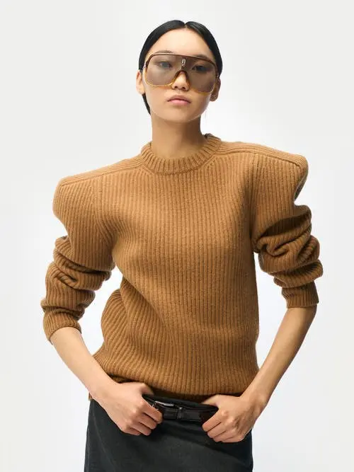 Gobi Cashmere Sculpted-shoulder Ribbed Sweater - Camel
