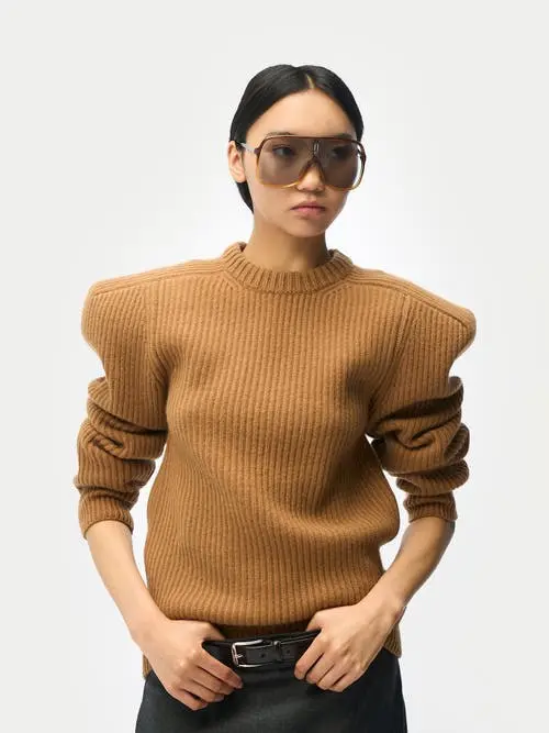 Gobi Cashmere Sculpted-shoulder Ribbed Sweater - Camel
