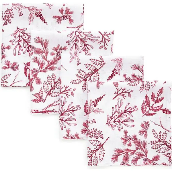 SOLINO HOME Linen Dinner Napkinswinter Forest - Red/white