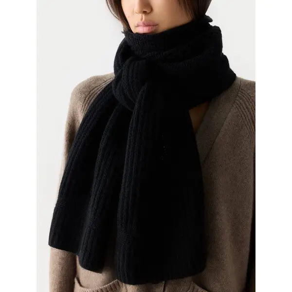Gobi Cashmere Wide Rib Knit Scarf - Black