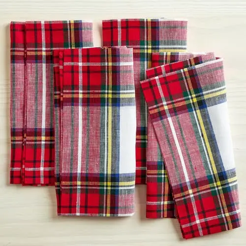 SOLINO HOME Linen Dinner Napkinsstewart Plaid - White