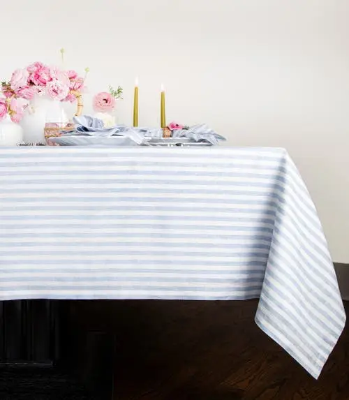 SOLINO HOME Linen Table Throwamalfi Stripe - Sky Blue And White