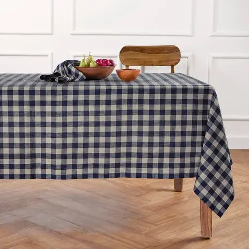 SOLINO HOME Linen Table Throwmorgan Check - Navy And Natural