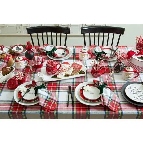 SOLINO HOME Linen Table Throwstewart Plaid - White
