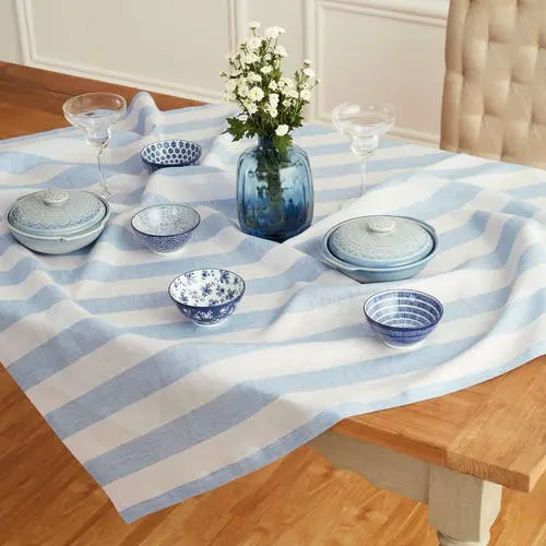 SOLINO HOME Linen Table Throw 52 X 52 Inch For Dining Table - Sky Blue And White