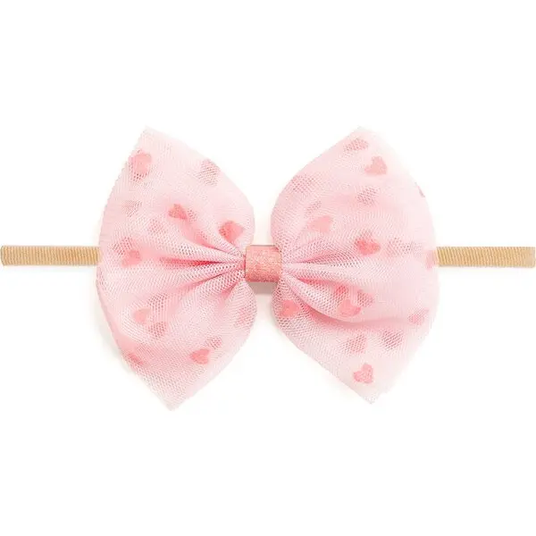 SWEET WINK Flocked Heart Tulle Bow Baby Headband - Pink