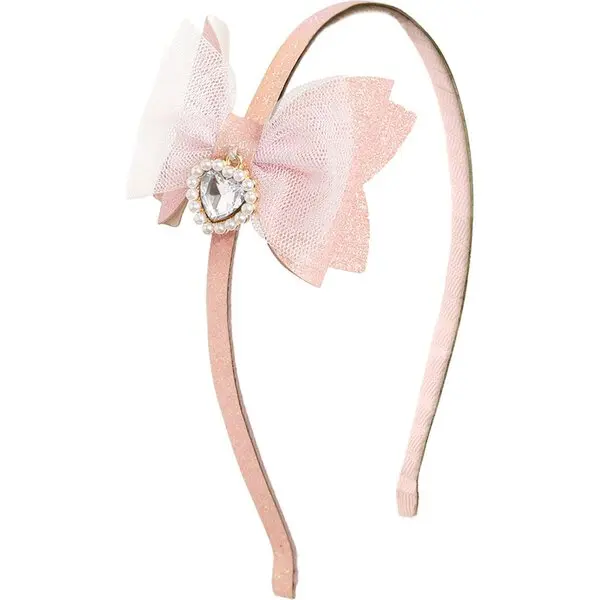 SWEET WINK Heart Charm Glitter Bow Headband - Pink