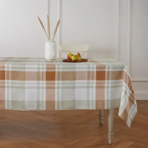 SOLINO HOME Linen Table Throw Plaid, 50 X 50 Inch - Fall Harvest