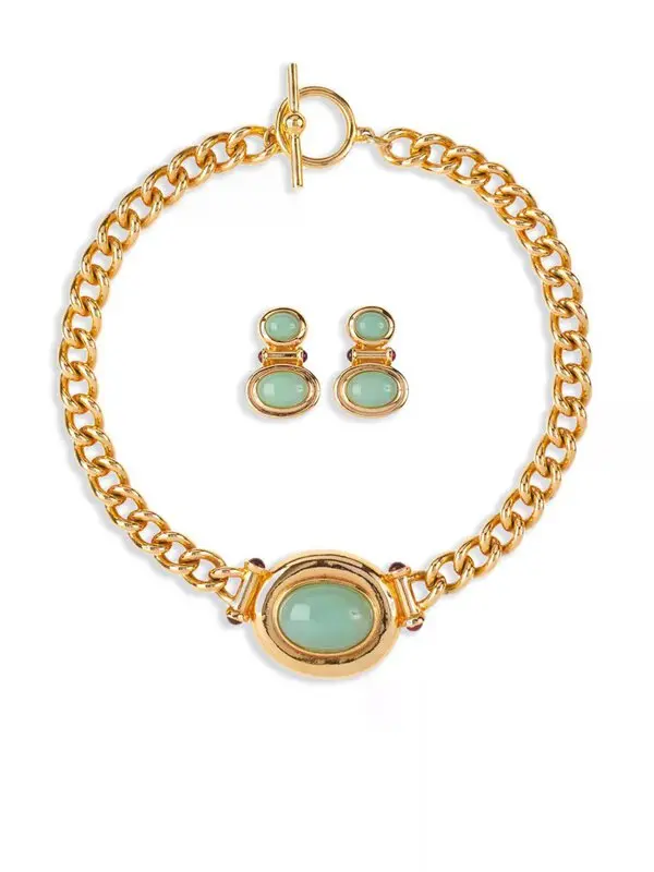 SUSAN CAPLAN 1990s Elizabeth Taylor Cabochon Necklace And Clip-on Earrings Set - Gold