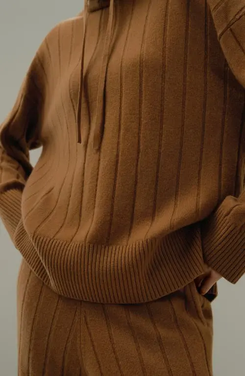 Lilysilk Ribbed Hooded Cashmere Knit Top - Cinnamon