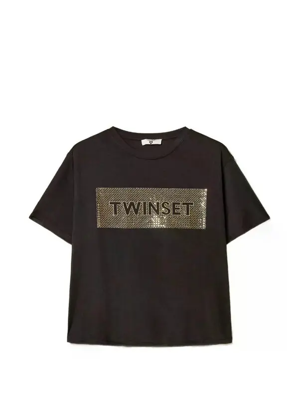 TWINSET Sequin Logo Crewneck T-shirt - Black