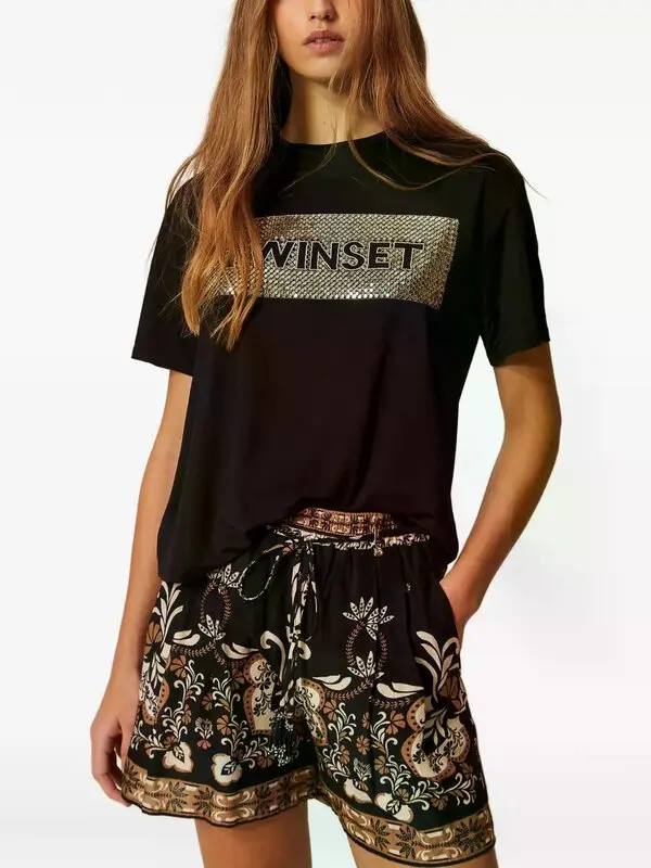 TWINSET Sequin Logo Crewneck T-shirt - Black