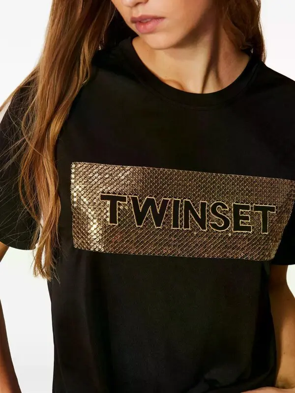 TWINSET Sequin Logo Crewneck T-shirt - Black