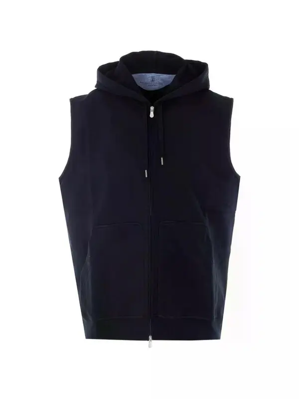 Brunello Cucinelli Techno Cotton French Terry Sleeveless Zipper Hooded Sweatshirt - Blue