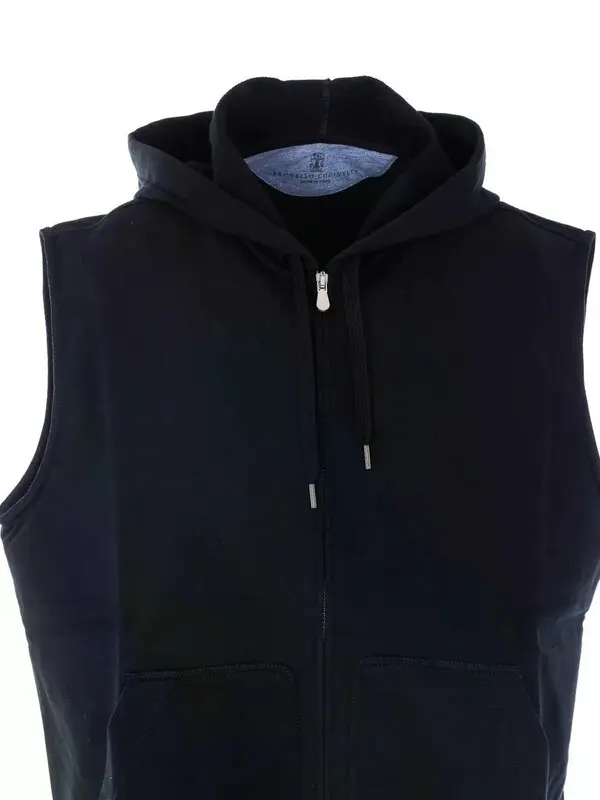 Brunello Cucinelli Techno Cotton French Terry Sleeveless Zipper Hooded Sweatshirt - Blue