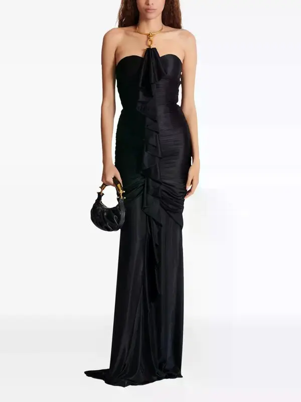 Balmain Long Draped-bustier Dress - Black