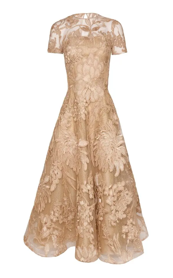 Naeem Khan Floral Raffia Midi Dress - Tan