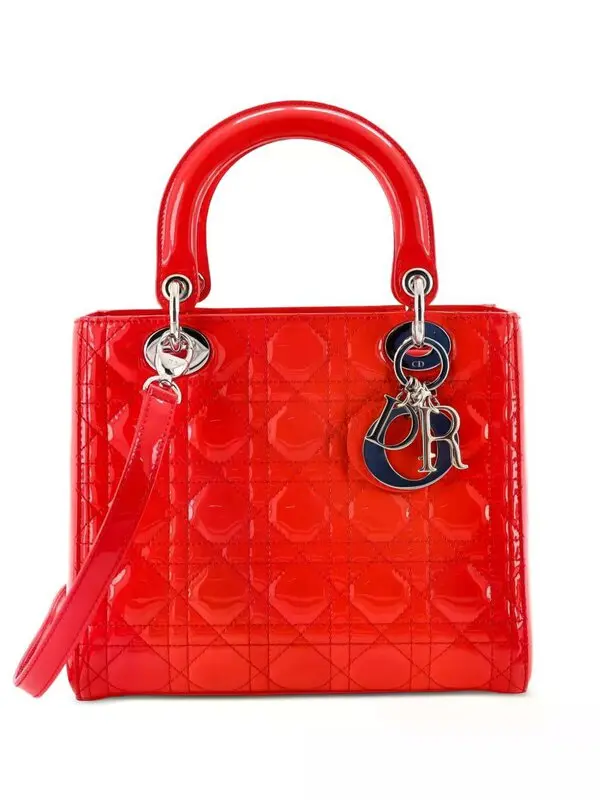 Dior Lady Bag Cannage Quilt Patent Medium Satchel - Red