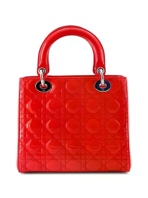 Dior Lady Bag Cannage Quilt Patent Medium Satchel - Red