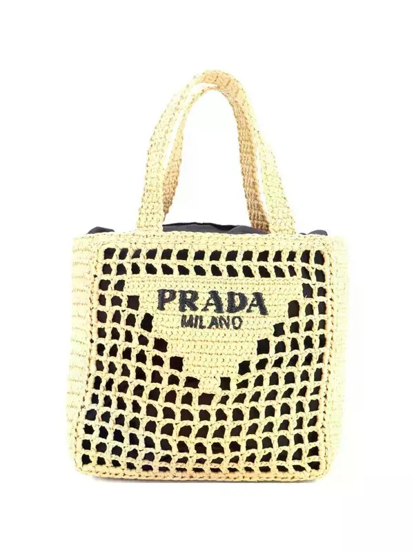Prada Triangle Logo Open Raffia Small Tote Bag