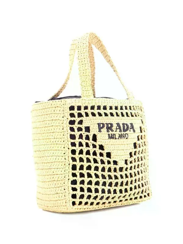 Prada Triangle Logo Open Raffia Small Tote Bag
