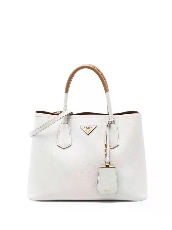 Prada Medium Bicolor Saffiano Cuir Double Satchel - White