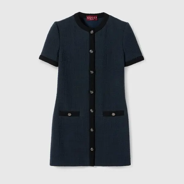 Gucci Wool Textured Tweed Dress With Interlocking G Buttons
