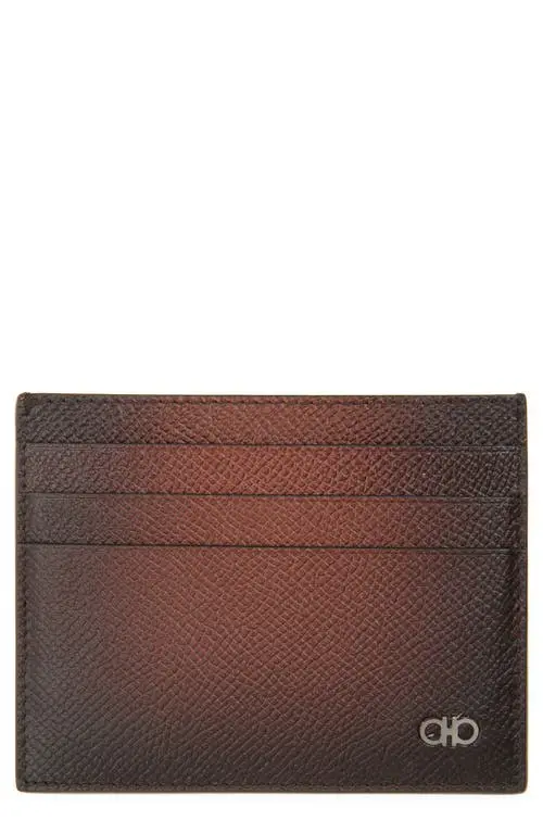 FERRAGAMO Micro Double Gancio Burnished Leather Card Case - New Cognac Nero T Moro