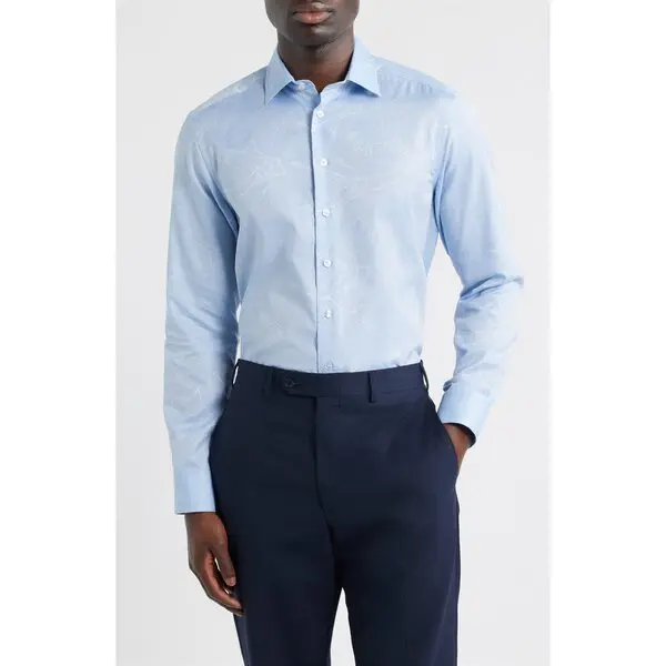 Etro Roma Regular Fit Light Blue Paisley Jacquard Cotton Dress Shirt