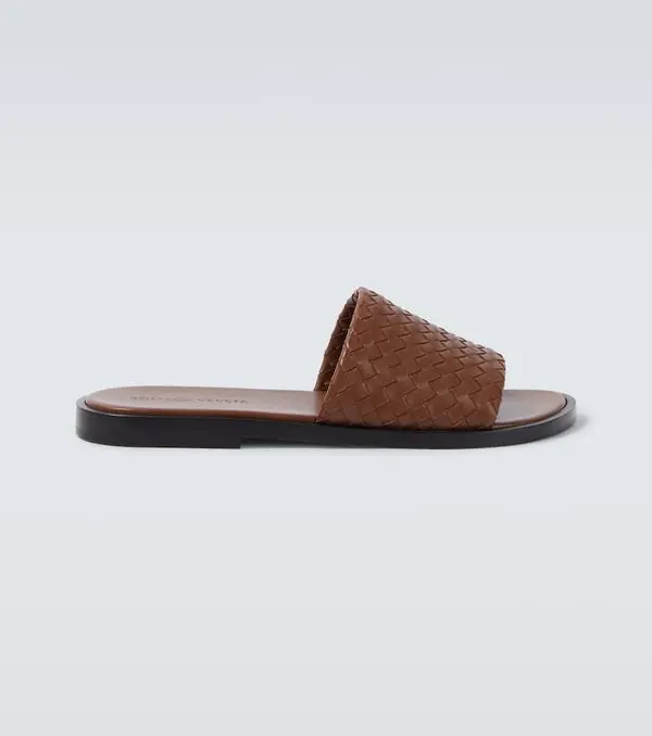 Bottega Veneta Elio Intrecciato Leather Slides - Brown