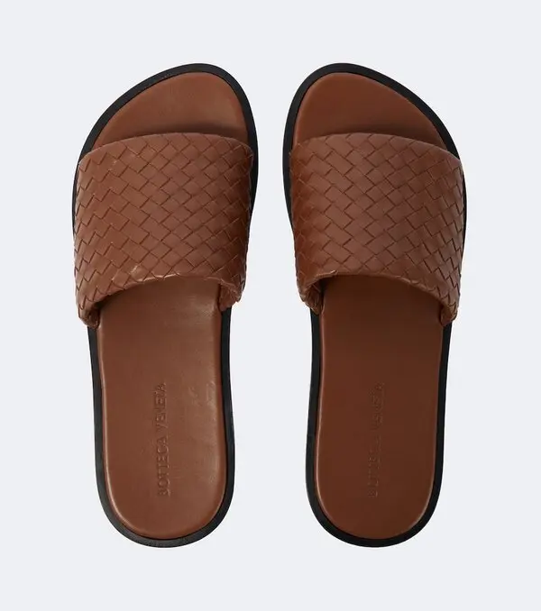 Bottega Veneta Elio Intrecciato Leather Slides - Brown